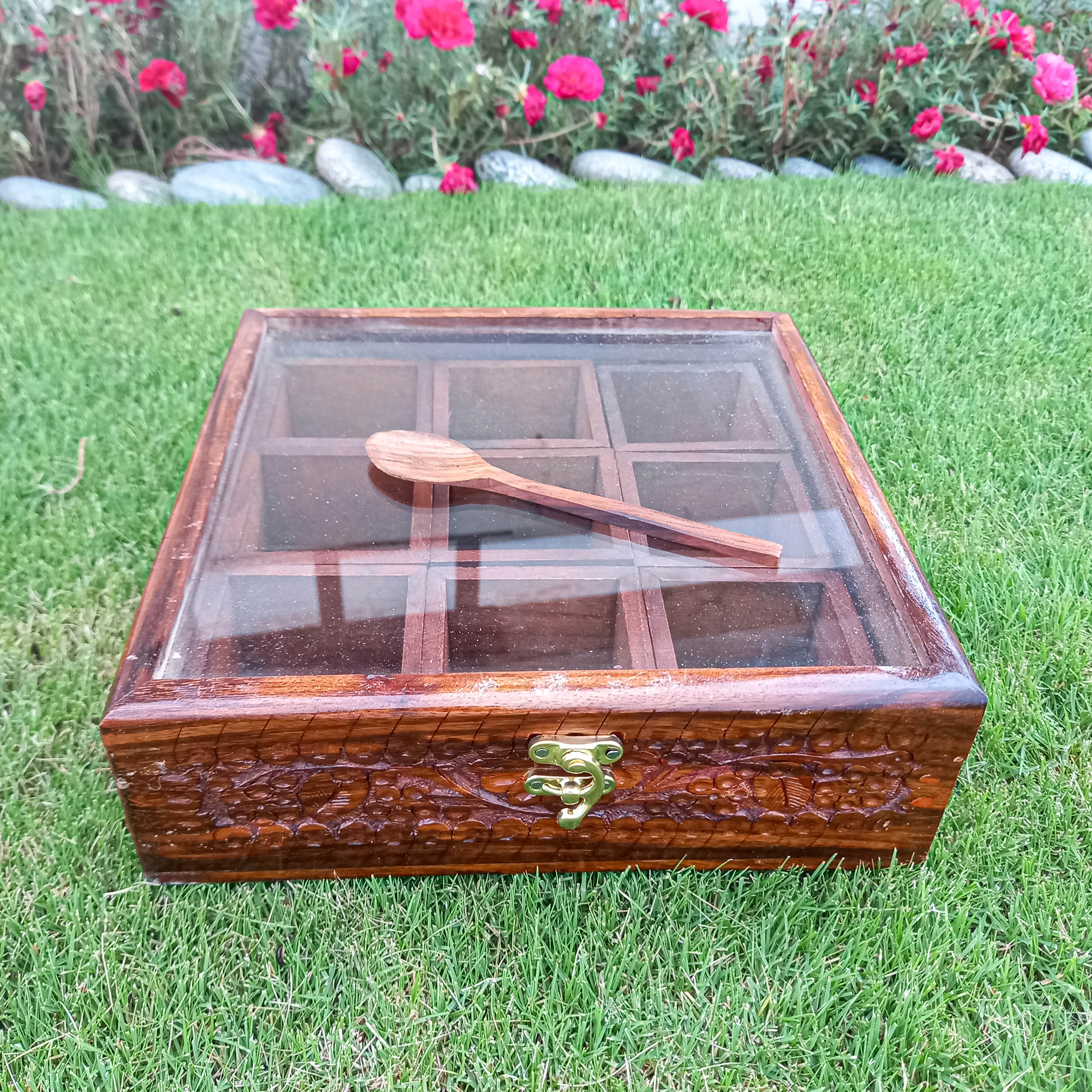 Spice Container Masala Box Rack carving Work With Wooden Spoon- 10 x 10 ...