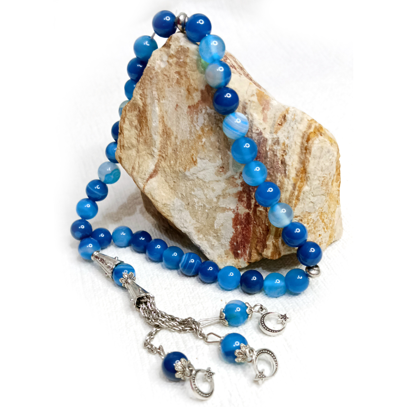 Precious Blue Aqeeq Stone Misbaha Natural Tasbih 33 beads Muslim women ...