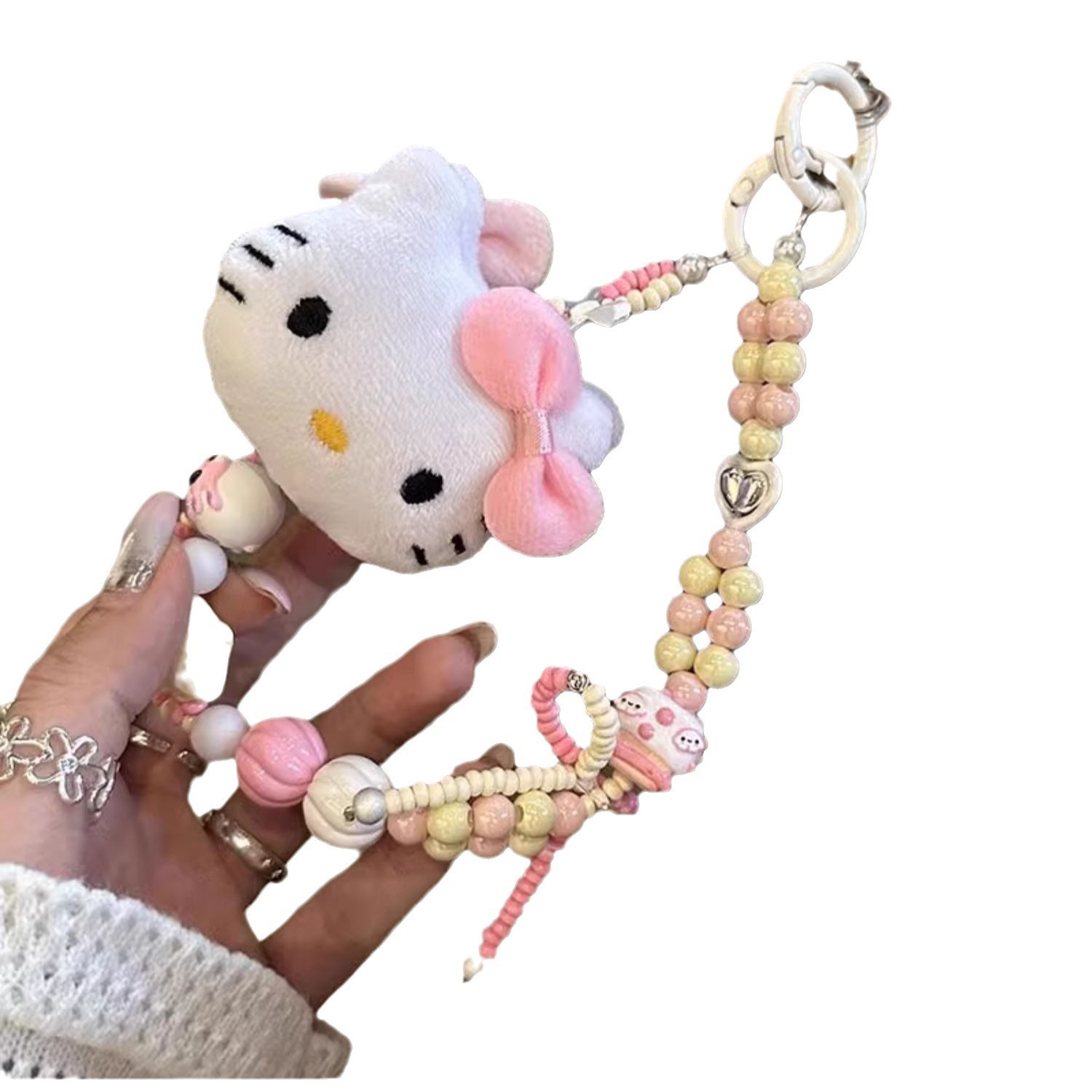 Plush girly heart bow cat colorful beaded mobile phone chain mobile ...