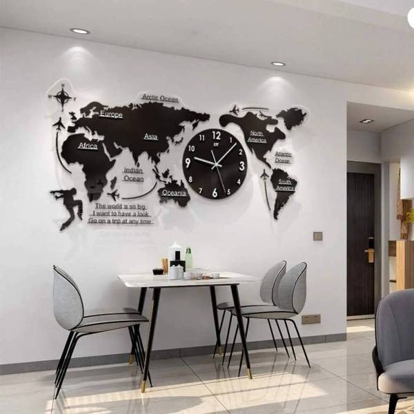 World Map Wall Clock - Large Modern Design 3D Stickers Wooden Wall ...