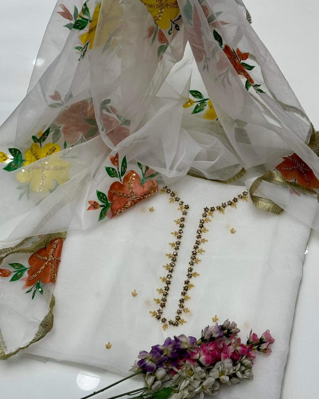 Fancy collection Handwork Stones And Beads Work Organza Shirt With ...