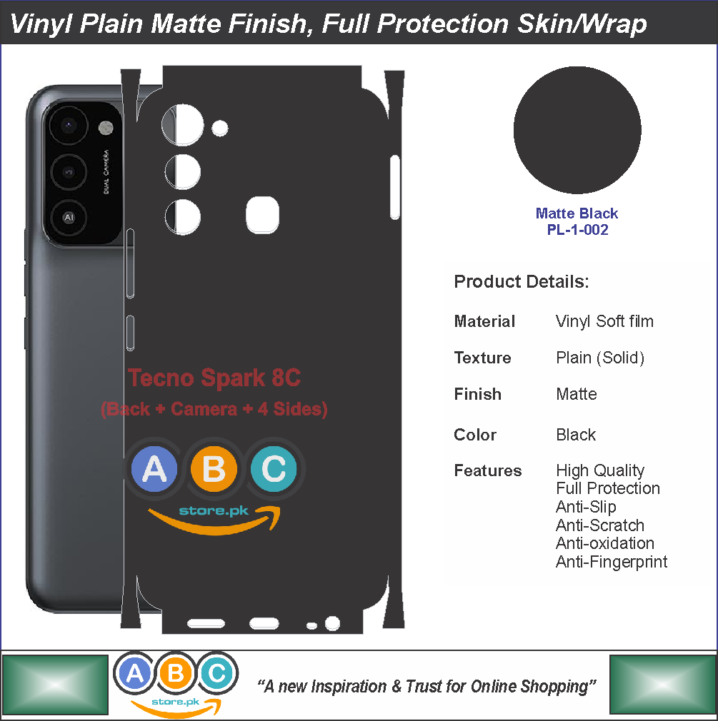 Tecno Spark 8 Series, Full Back Protection Vinyl Skin/Wrap in variety ...