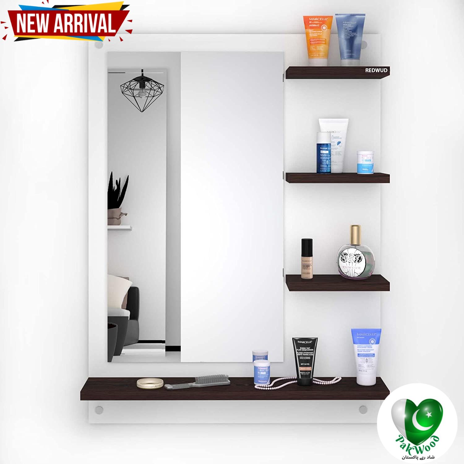 PAKWOOD Rectangular Wall Mount Dressing Mirror with Shelves. | Daraz.pk