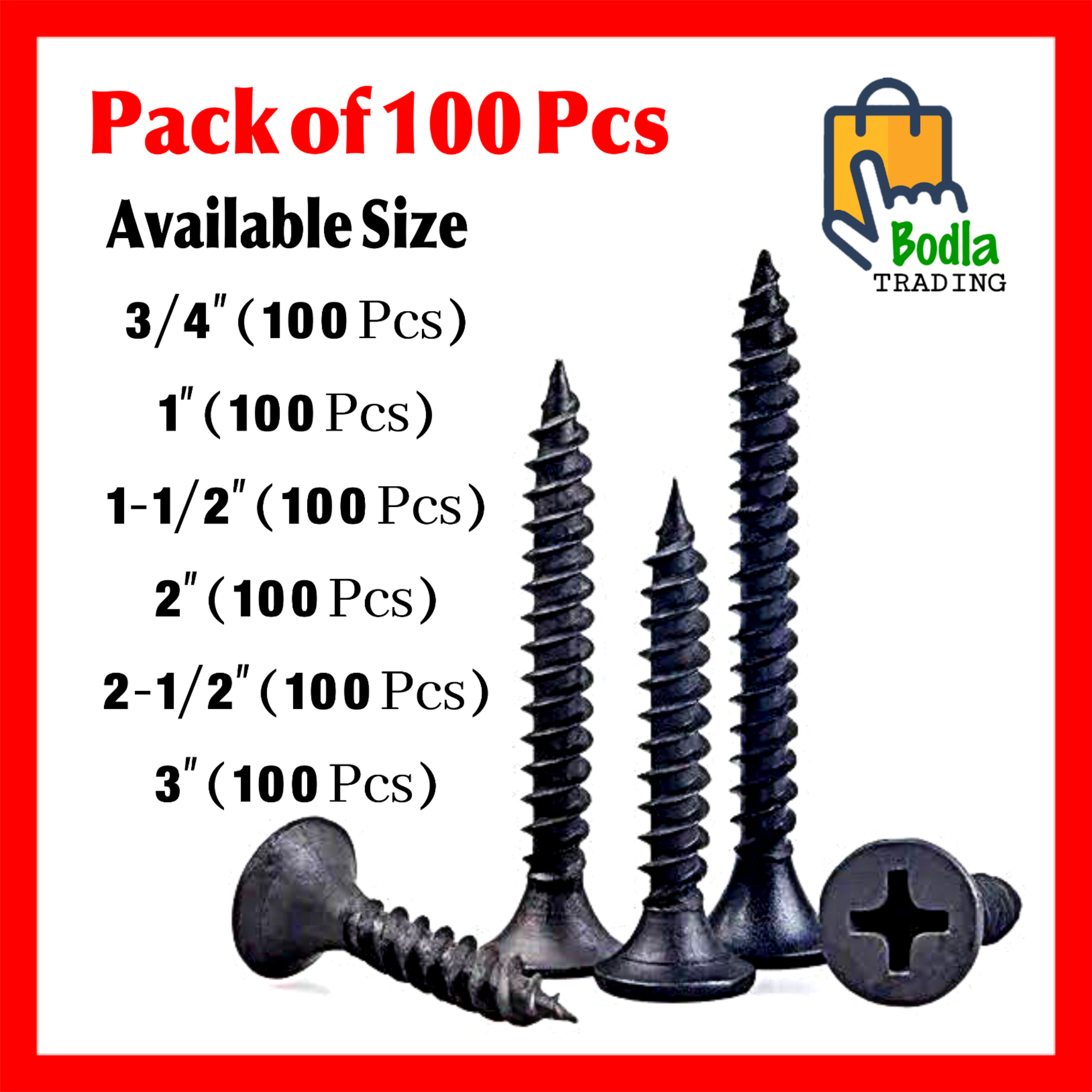 Pack of 100 Black Bugle Head Drywall Screws (6 Different Sizes) | Daraz.pk