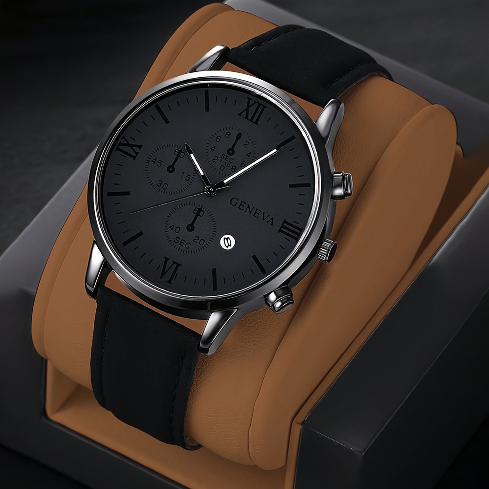 1pc Men's Black PU Strap Calendar Casual Quartz Watch | Daraz.pk