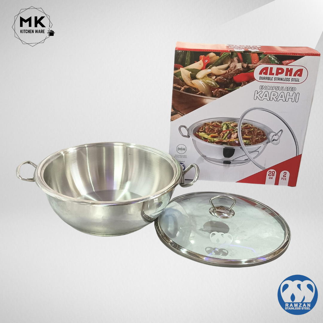 Cooking Wok /Karahi | Alpha Stainless Steel Karahi with Glass Lid ...