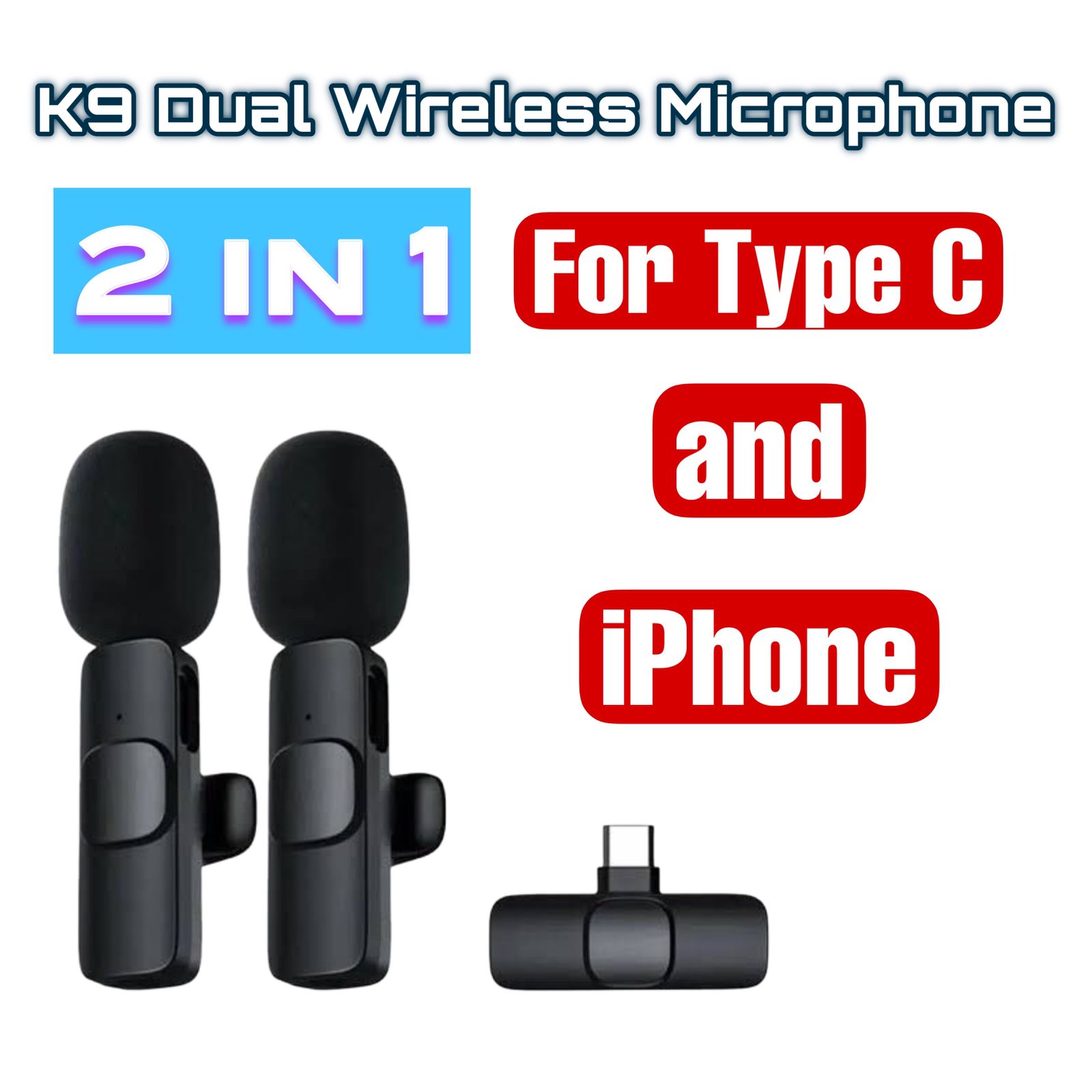 Wireless Microphone K9 | dual wireless mic | for iphone | for type c | Daraz.pk