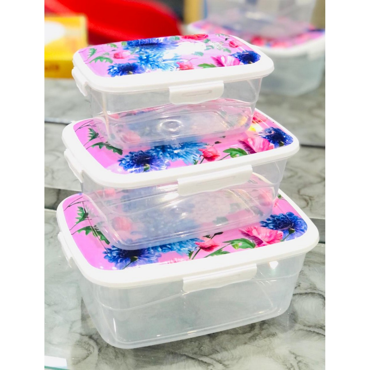 3 Pcs Boxes Set With Air Tight Locking Clips Beautiful Printed Designs ...