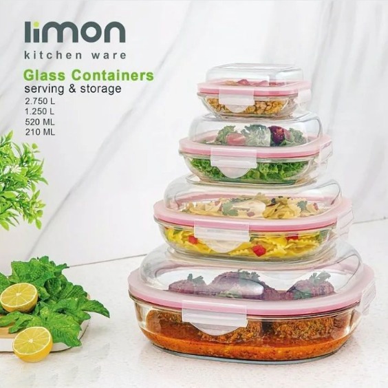 Glass Container Set 4 Pcs/ Limon Glass Container Set 4 Pcs with Lid ...