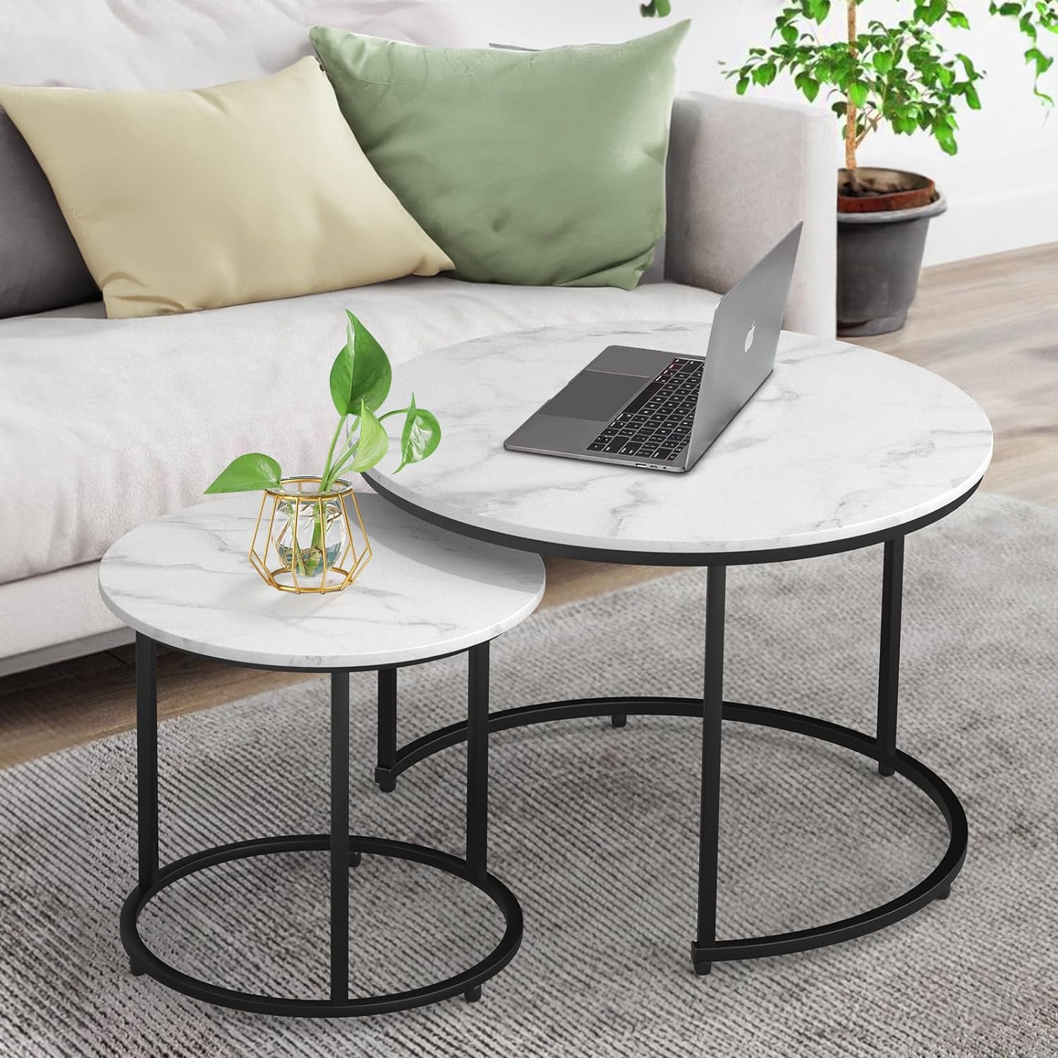 Coffee Table Set of 2, 23.6” Industrial Circle Wooden Small Table ...
