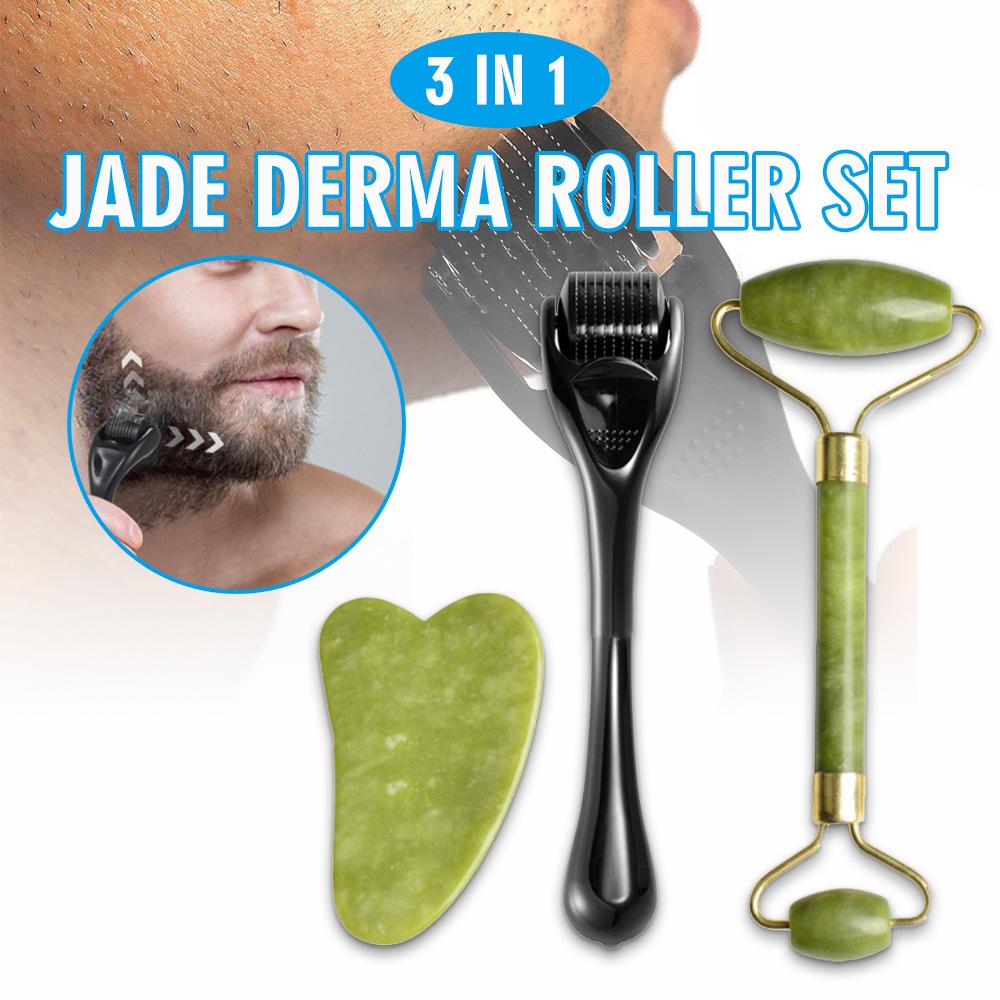 Jade & Derma Roller Gua Sha Board Massager 3 In 1 Facial Tool Set ...