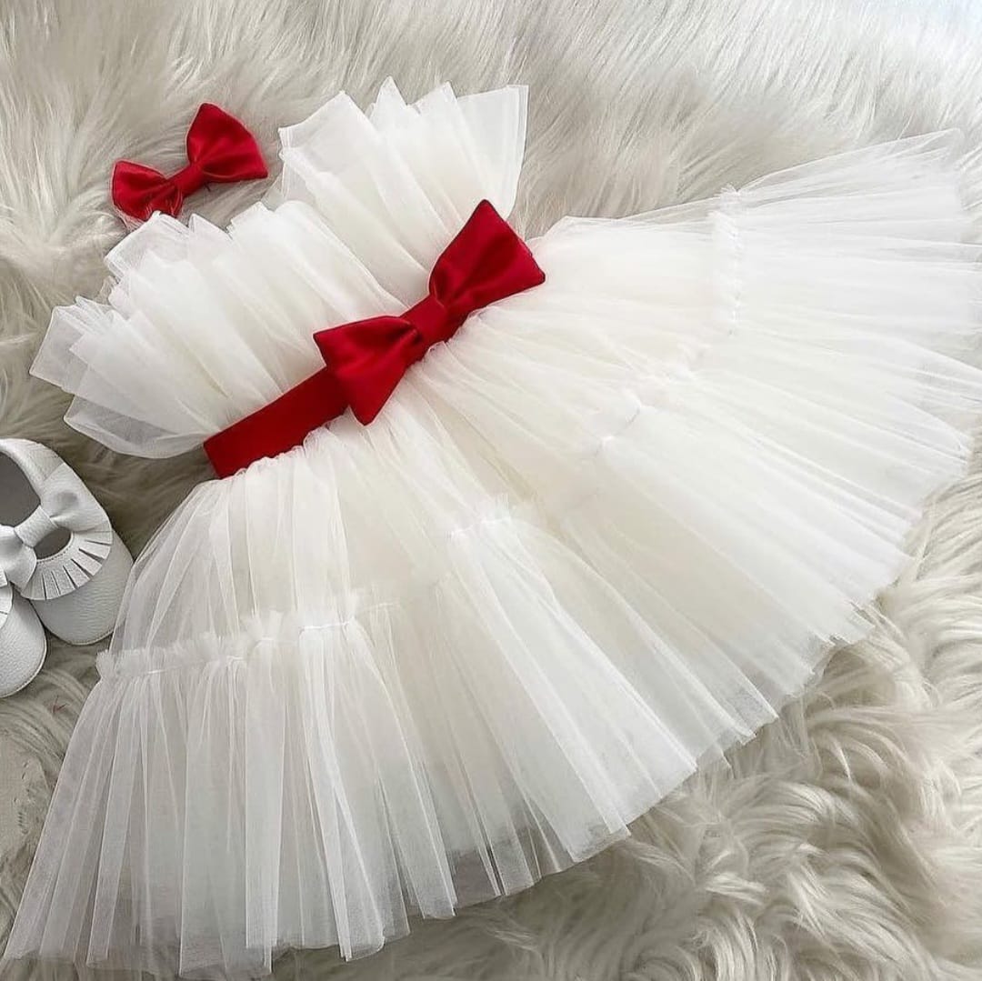 Aahel kids own white and red combo fancy frock birthday frock party ...