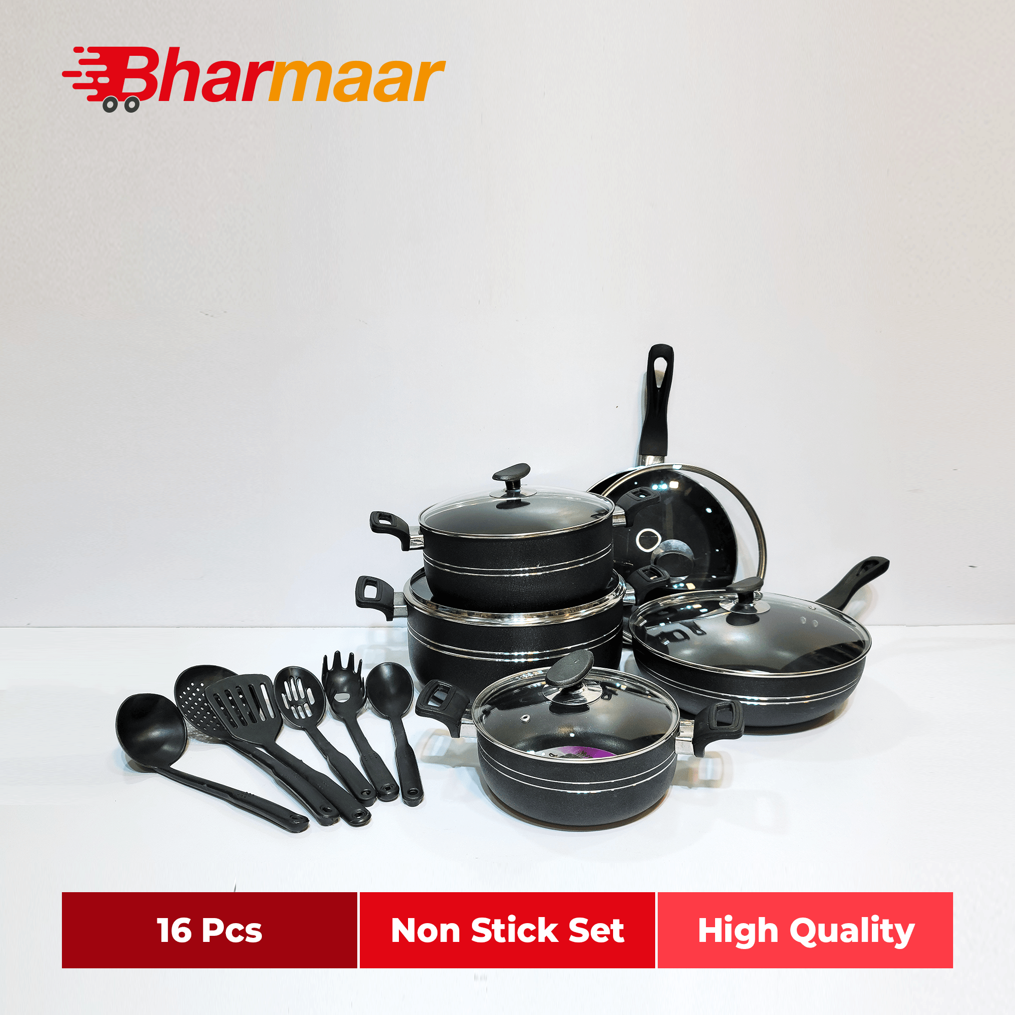 Non Stick Set - 16 Pcs - Cookware Set - Full Kitchen Set - Black And ...