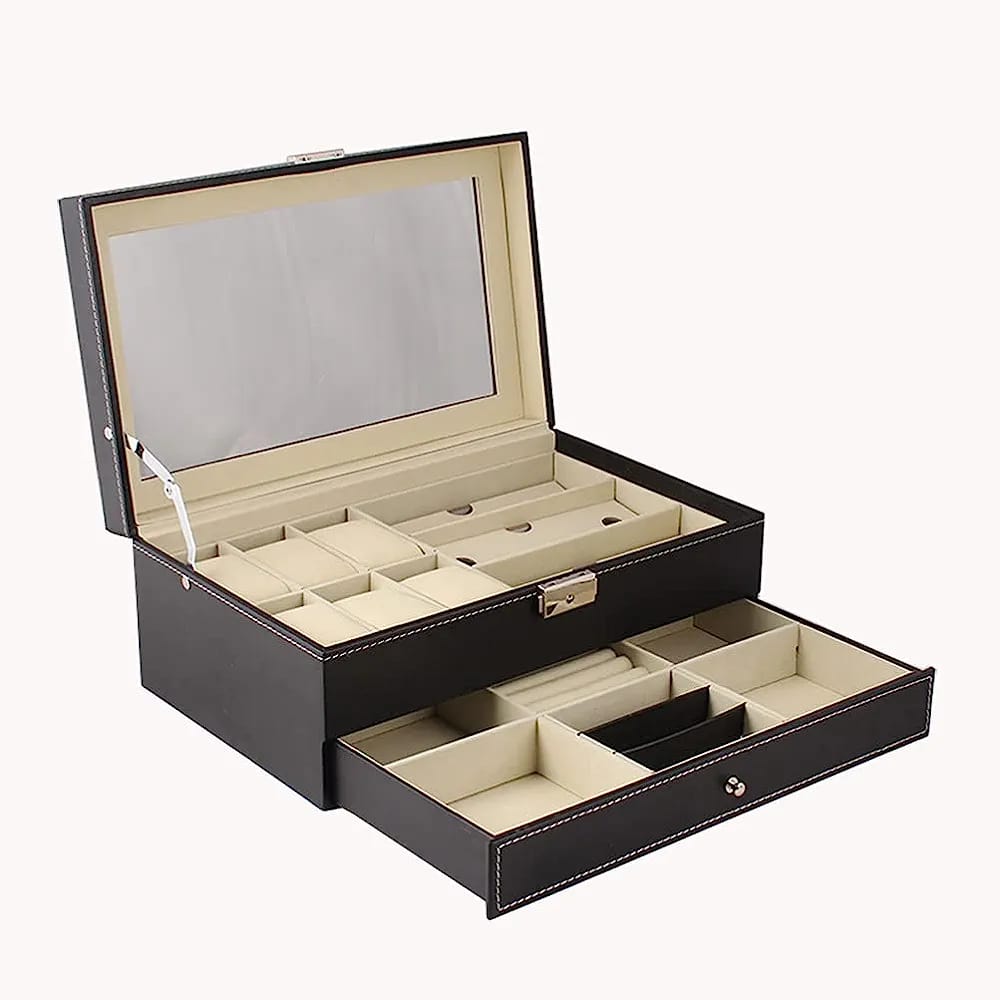 Leather Storage Box Watch Slot Box with Jewelry Display Drawer Glass ...