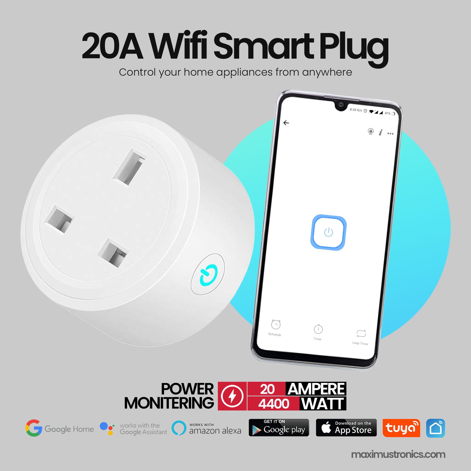 3 Pin Smart Wifi Plug Wall Socket Switch 20A 220v UK Plug Power energy ...