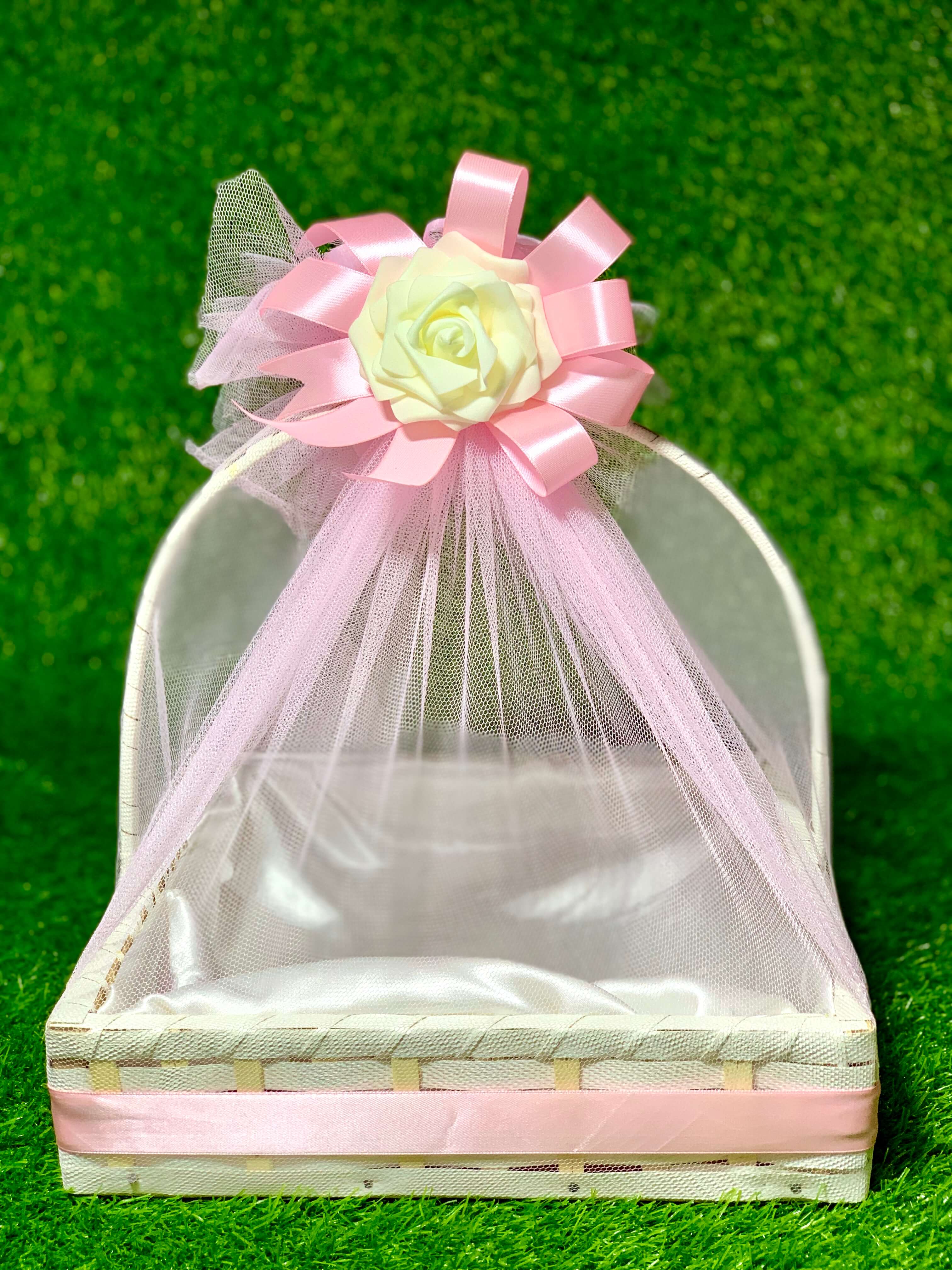 Beautiful Gift Basket with pink net Wrap and beautiful flower Best for ...