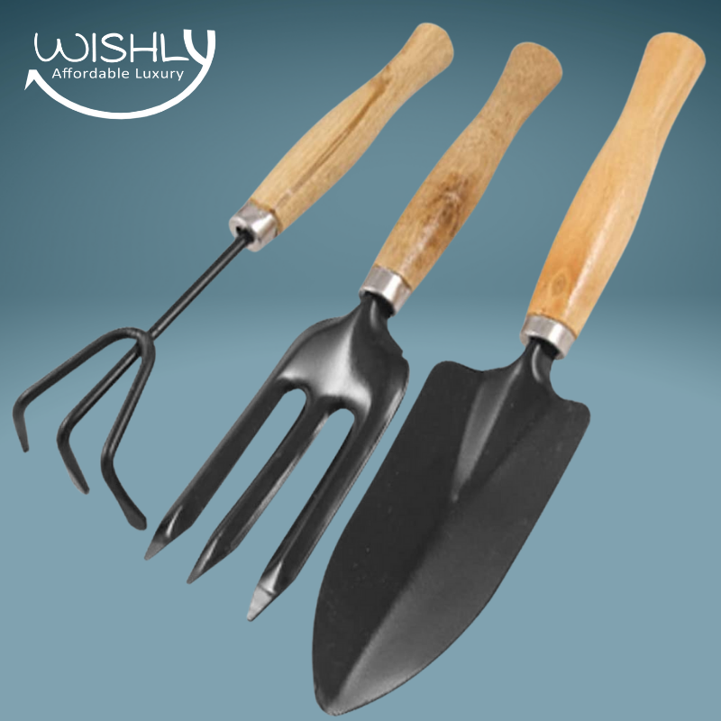 Wishly 3 Piece Garden tool set with wooden handle (Shovel, fork & hoe ...