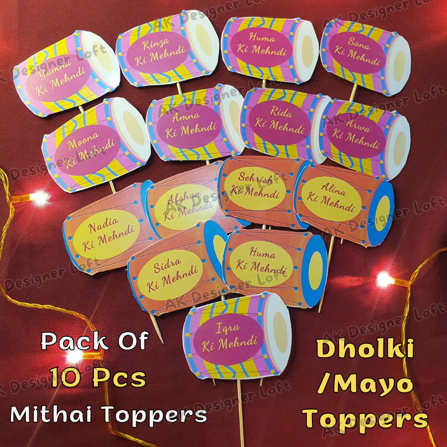 CUSTOMIZED Dholki/Mayo/Mehndi Mithai Cupcake Toppers Pack of 10, Dholki ...