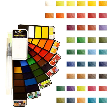 Superior 42 Solid Watercolor Paint Set With Water Brush Pen, 42 Colors ...