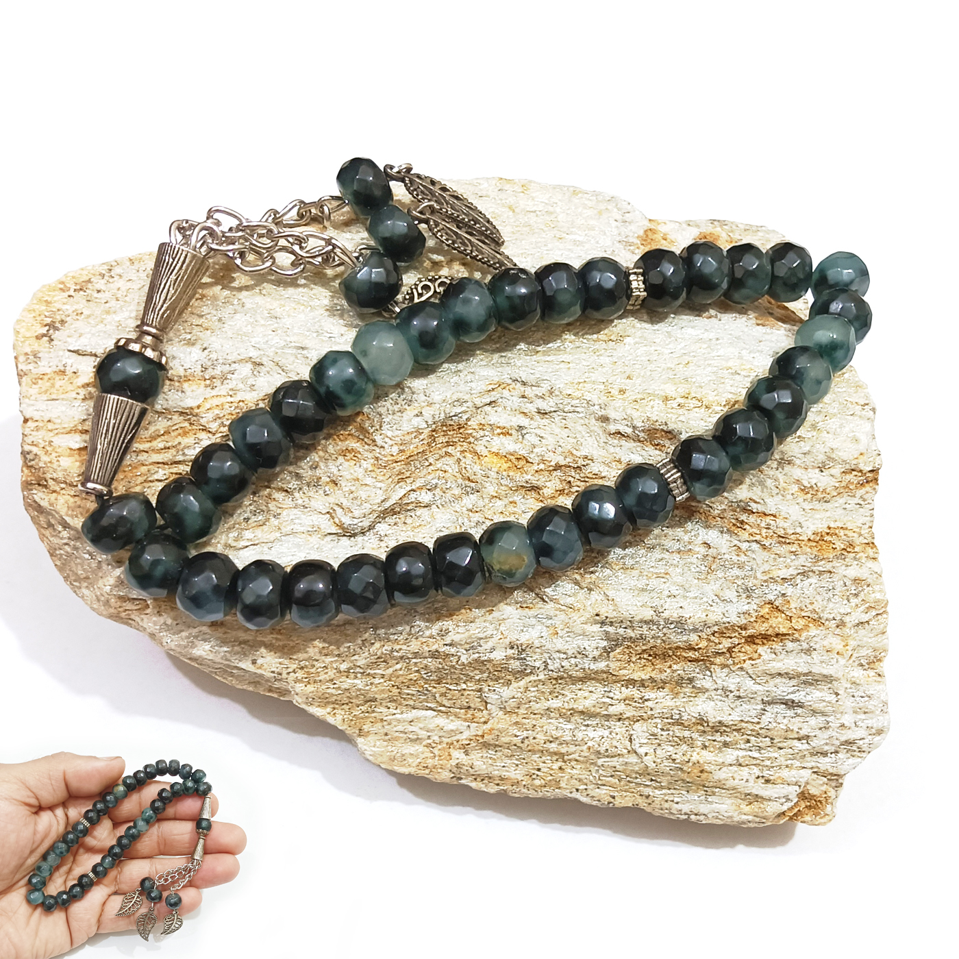 Beautiful Fancy Small Dark Green jade stone Tasbih in diamond cutting ...