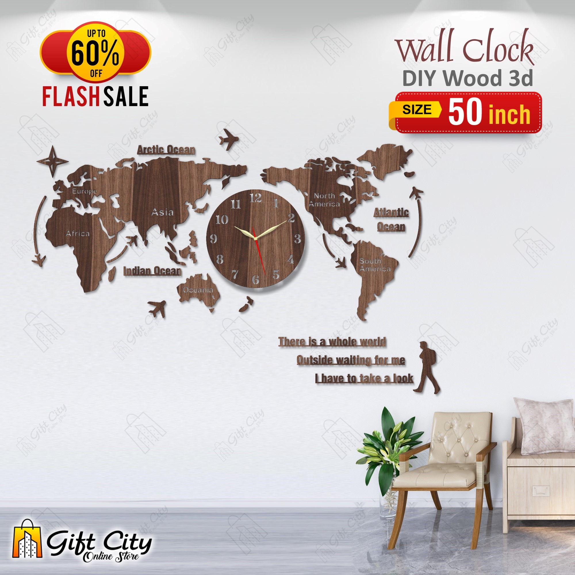 Gift City Presents Brown World Map Wooden Wall Clock for Home and ...