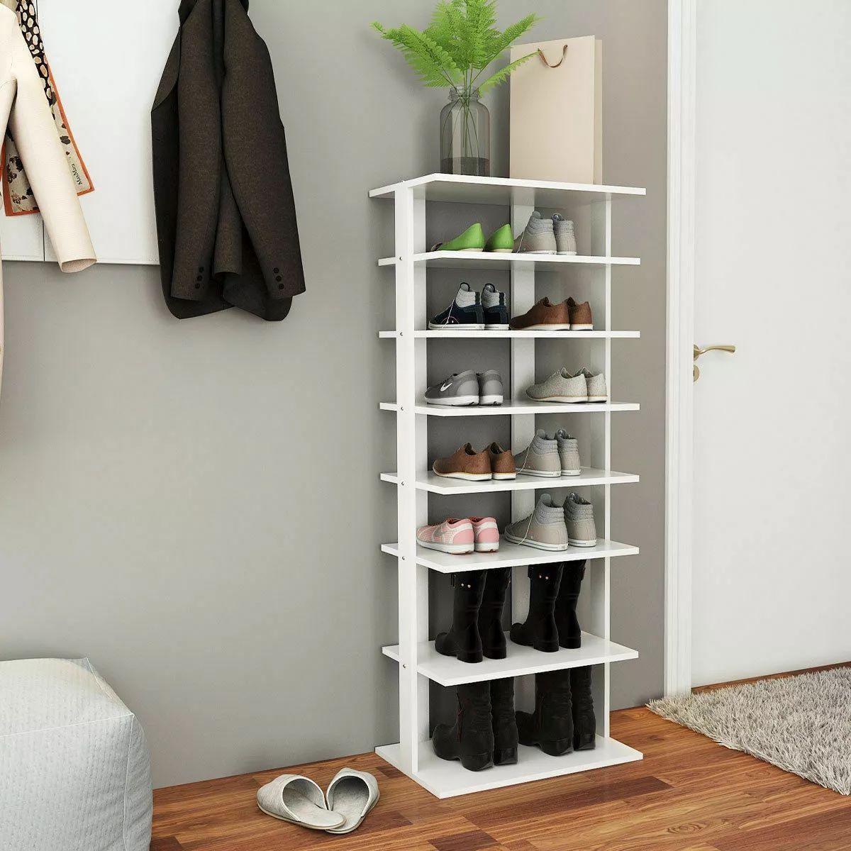 7-Tier White Shoe Rack Organizer - Wooden Entryway Shelf with Multiple ...