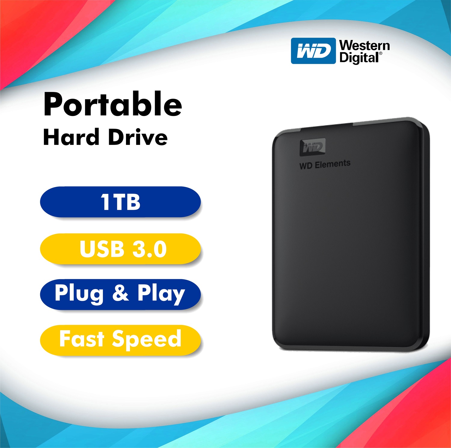 USB 3.0 Portable External Hard Drive 1TB WD Elements Portable Hard Disk ...