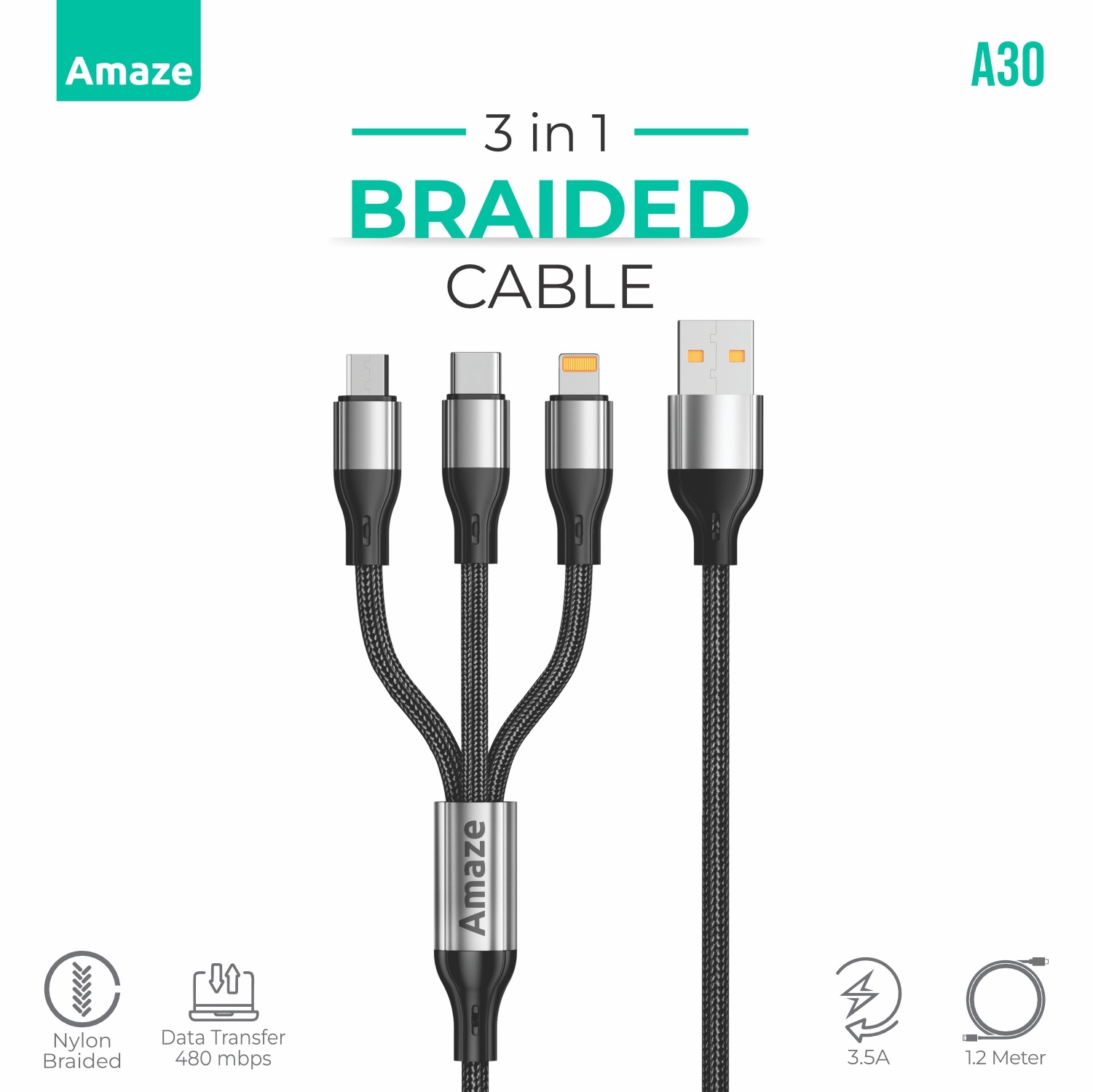 Buy Amaze 3-in-1 USB to Micro, Type-C and Lightening Cable 3.5A 1.2m A30 at Best Price in ...
