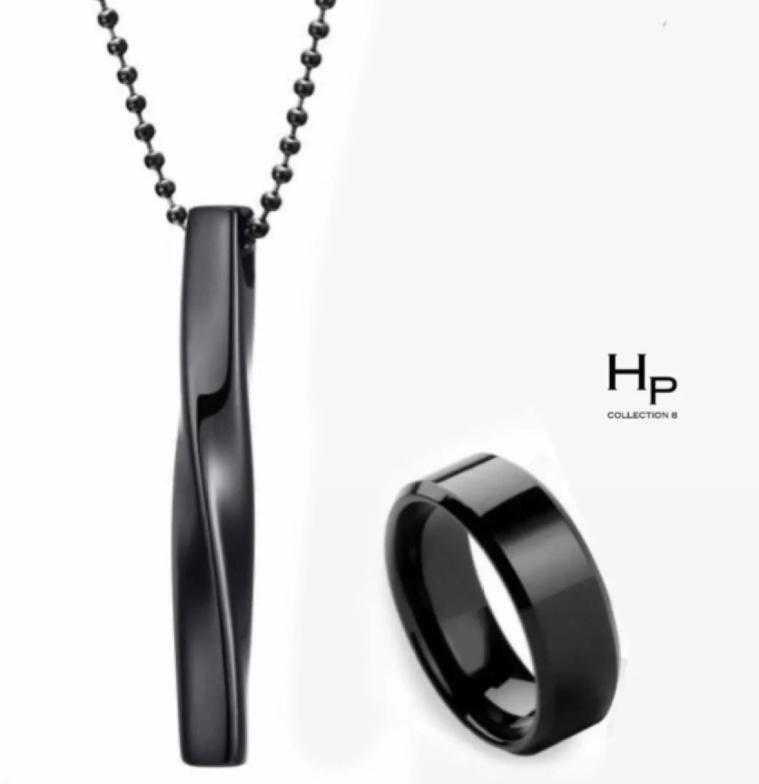 Combo Of Black Titanium Finger Ring With Cuboid Rectangle Neck Pendant ...