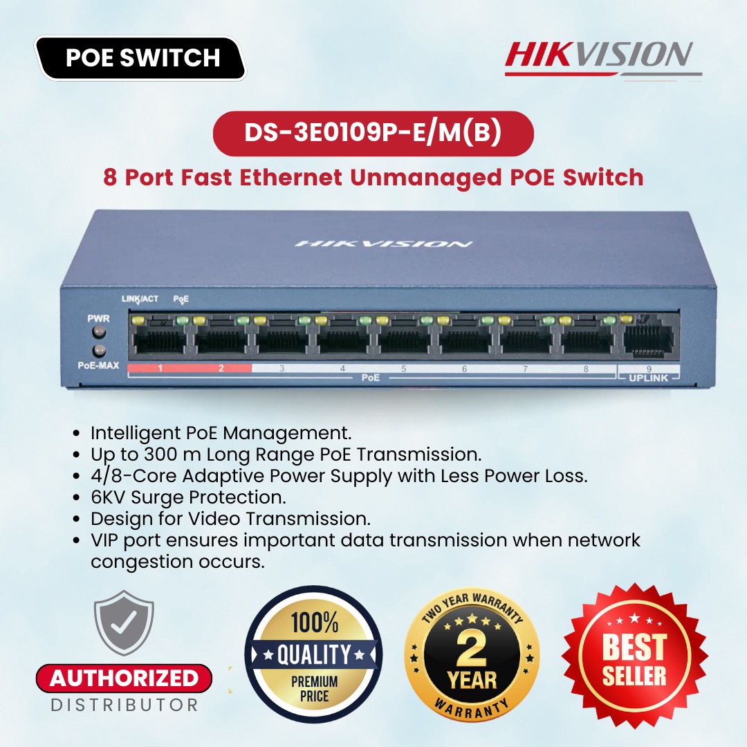 HIKVISION DS-3E0310P-E/M 8 Port Fast Ethernet Unmanaged POE Switch ...