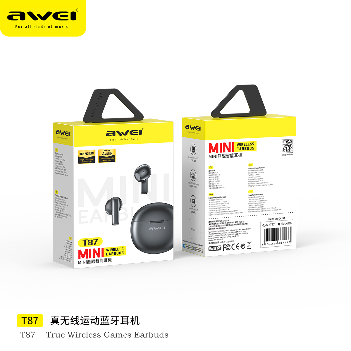 Awei T87 Original Bluetooth 5.3 ENC Smart Noise Canceling Earbuds Dual bass Ultra Low Latency ...