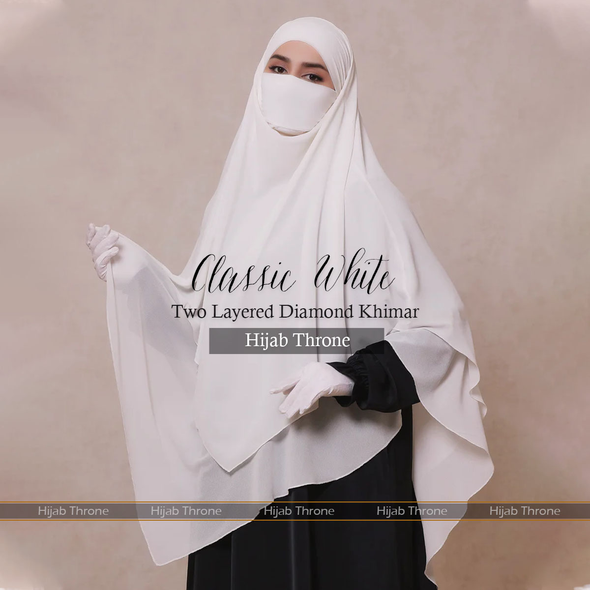 Hijab Throne – Classic White Two Layered Diamond Khimar - Extra Long Chiffon Georgette Fabric ...
