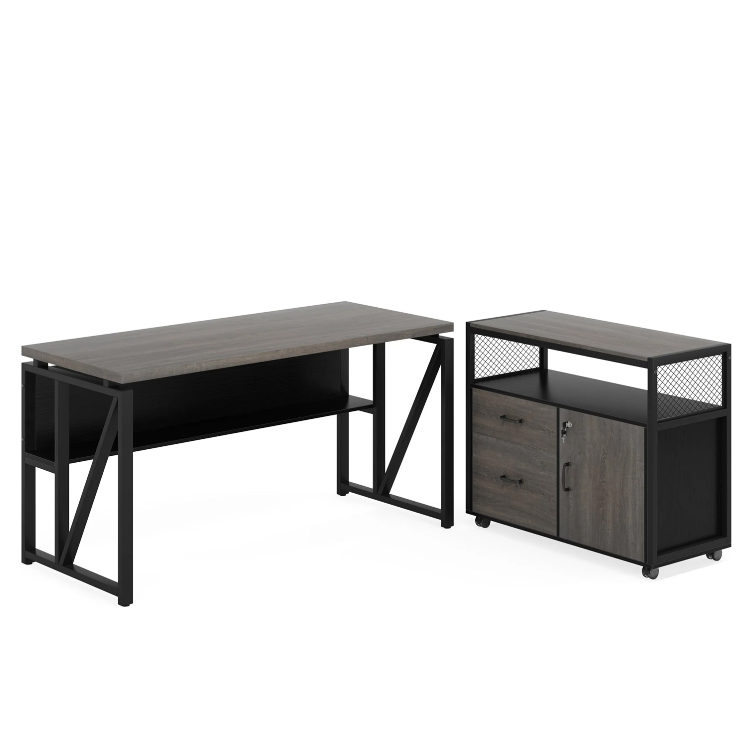 L-Shaped Executive Desk with Storage Shelves and Mobile File Cabinet ...