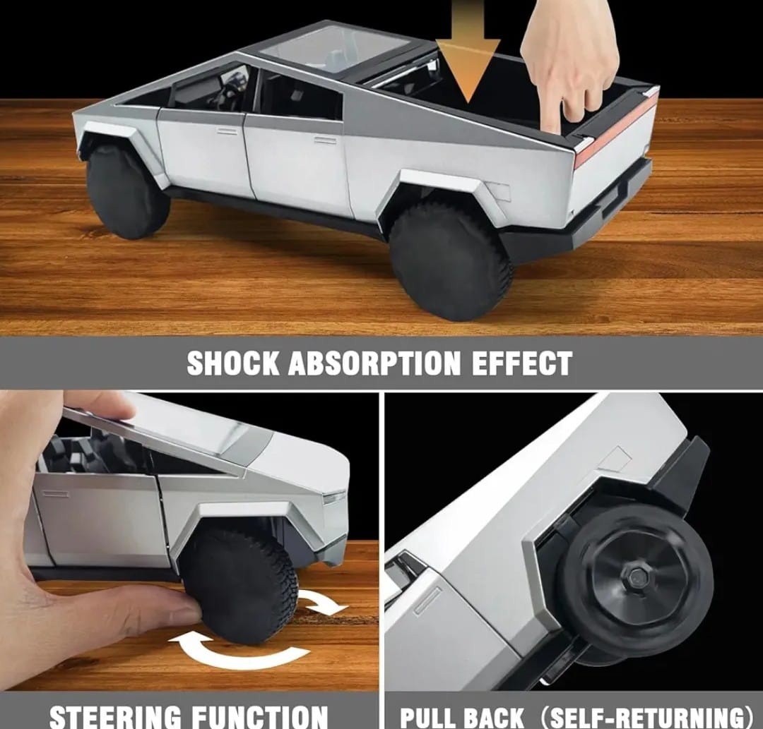 Diecast Tesla Cyber Pick Up Truck Model Toy with Quartz Metal Mini Bike ...