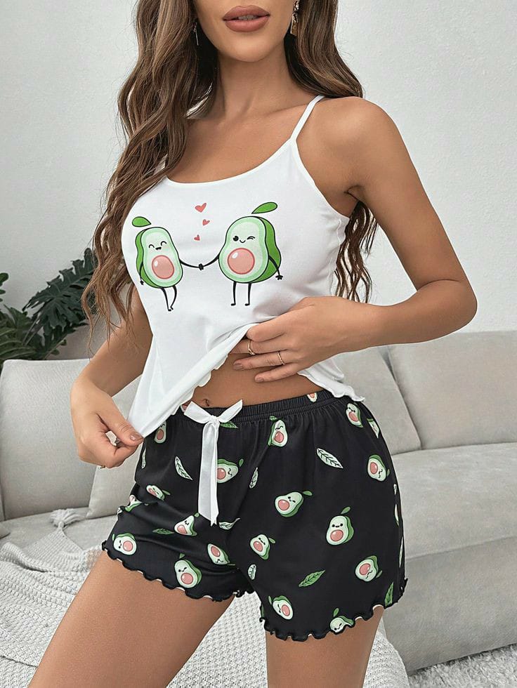 Silk And Satin Printed Short Cami Set For Womens Girls Lingrie