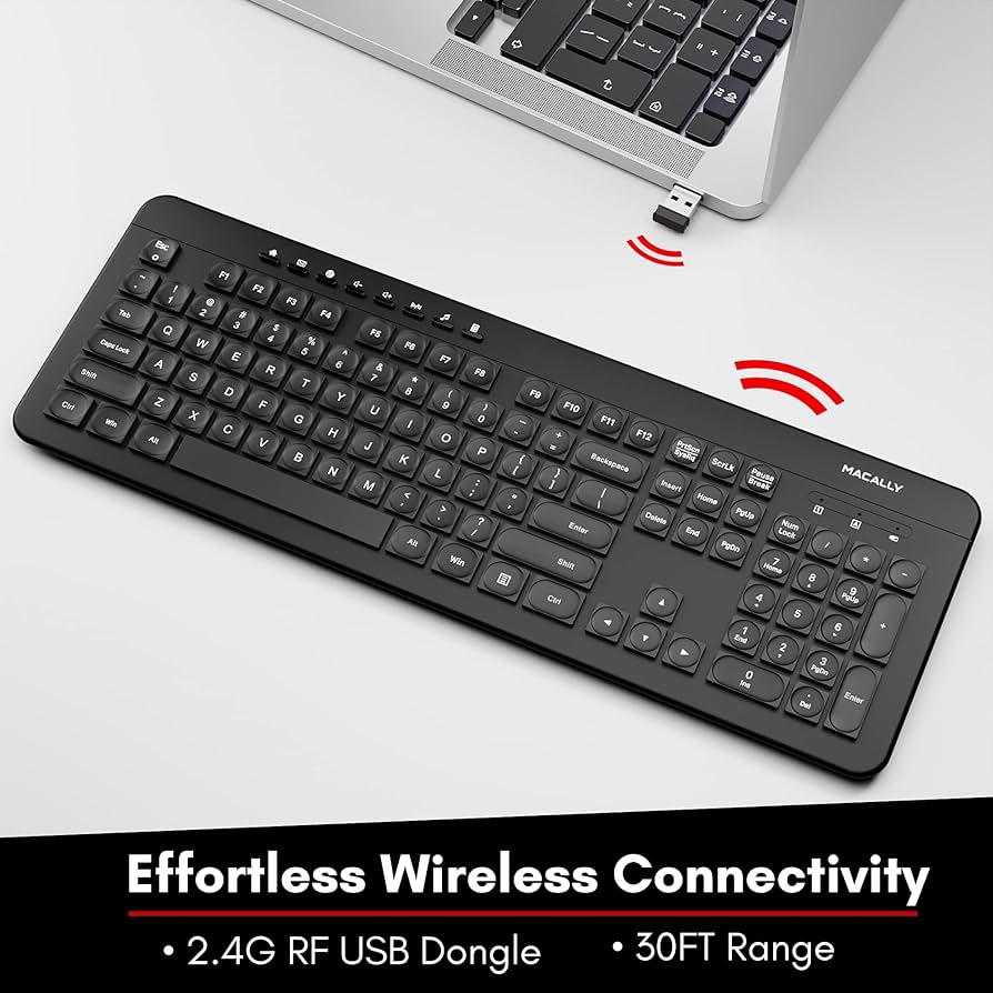 Macally Wireless Keyboard, 2.4G Ergonomic Full Size White Keyboard with ...