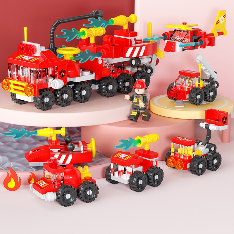 6 In 1 Mini Building Blocks DIY Police Car Fire Truck Castle Model ...