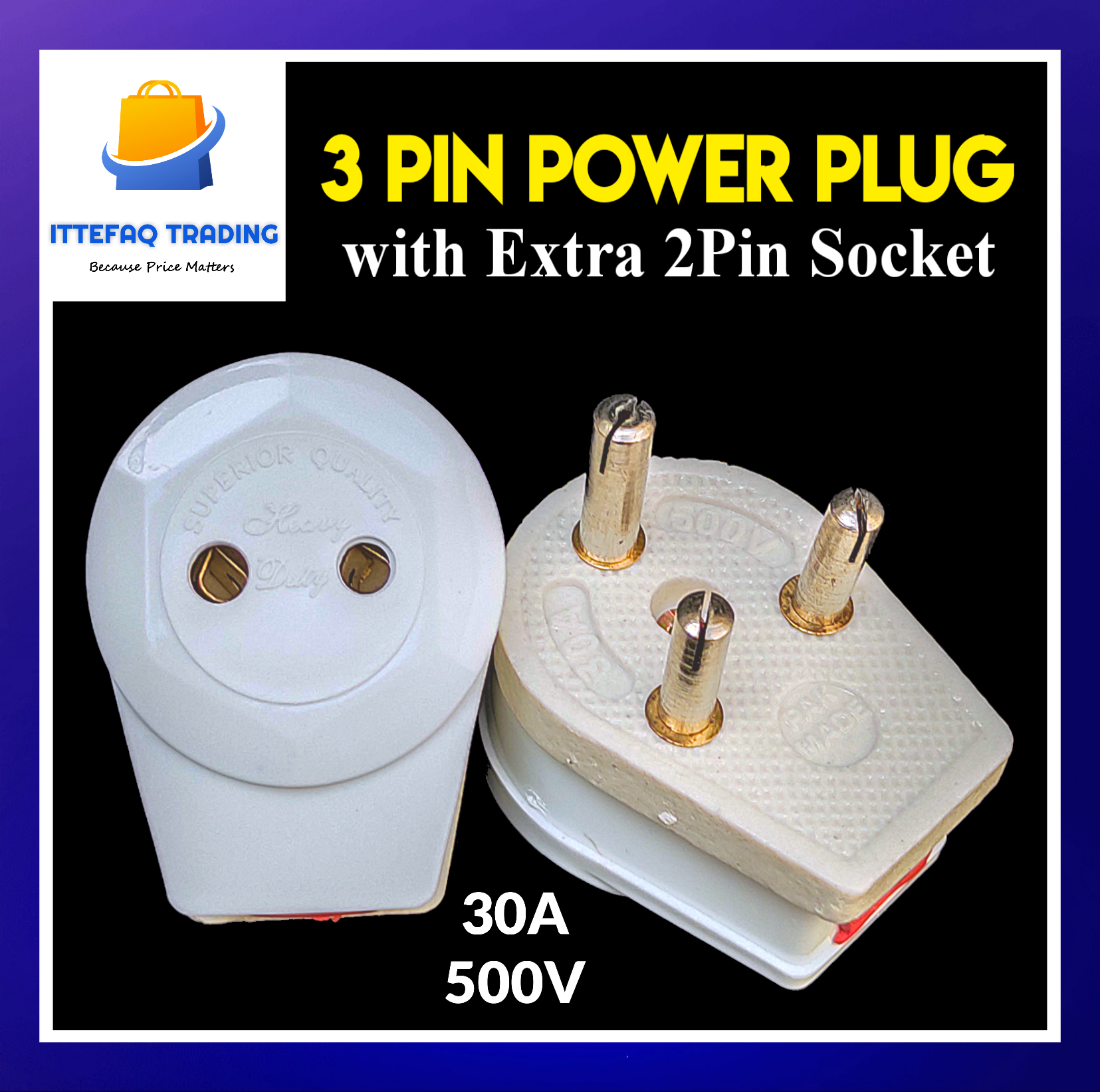 3 Pin Power Plug with Extra 2 Pin Socket 30A 500V- Ceramic Base Heavy ...