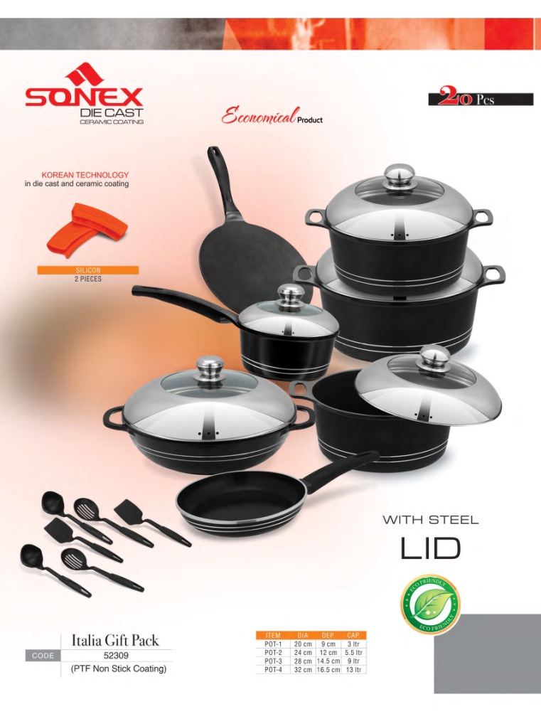 Sonex italiaGift pack Non Stick (with steel lid) 20 PIECES Cookware Set ...