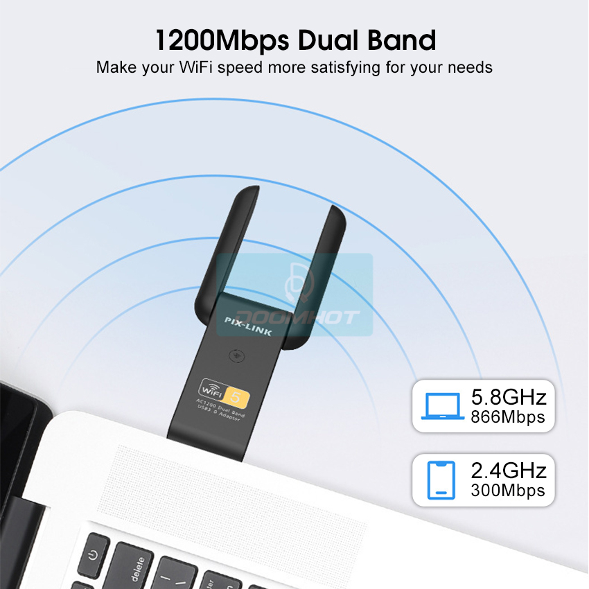 Doomhot USB WiFi Adapter 1200Mbps Dual Band 2.4/5.8 GHz Wireless ...