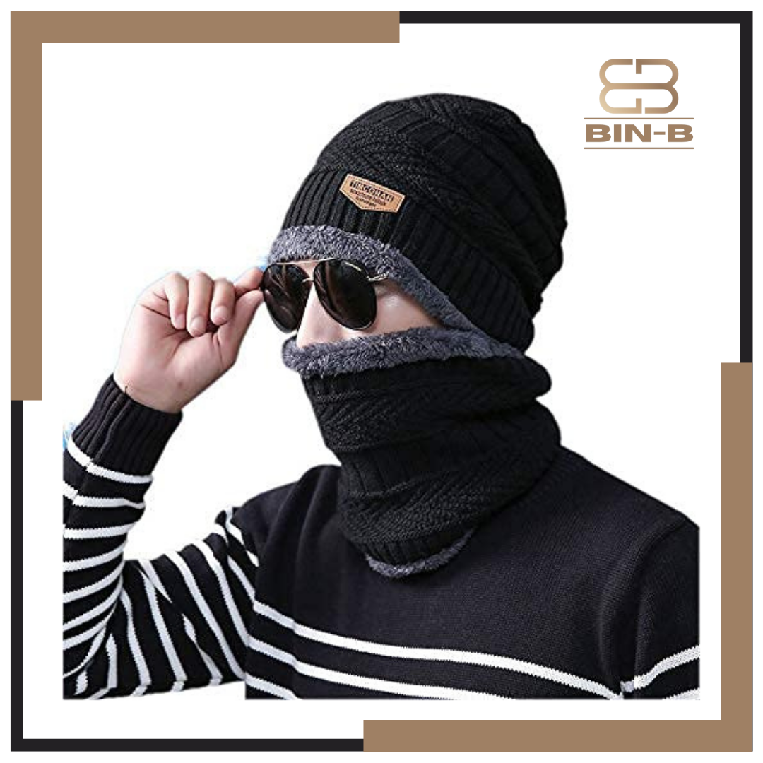 BIN-B Beanie-Wool Cap With Neck Warmer-Black Color | Daraz.pk