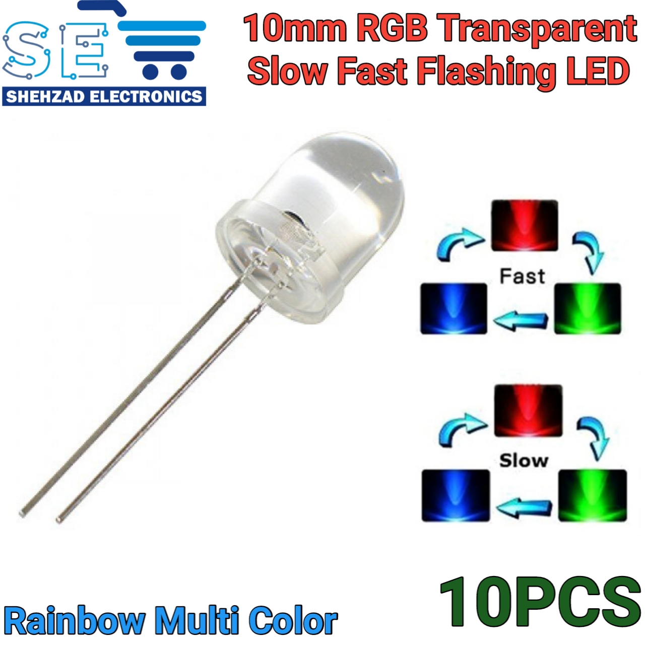 10PCS 10mm LED 5 Colors Red Blue Yellow Green White RGB Transparent ...