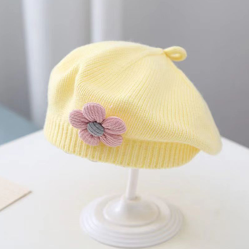 Flower Baby Beret Hat Solid Color Winter Warm Knitted Beanie Cap For ...