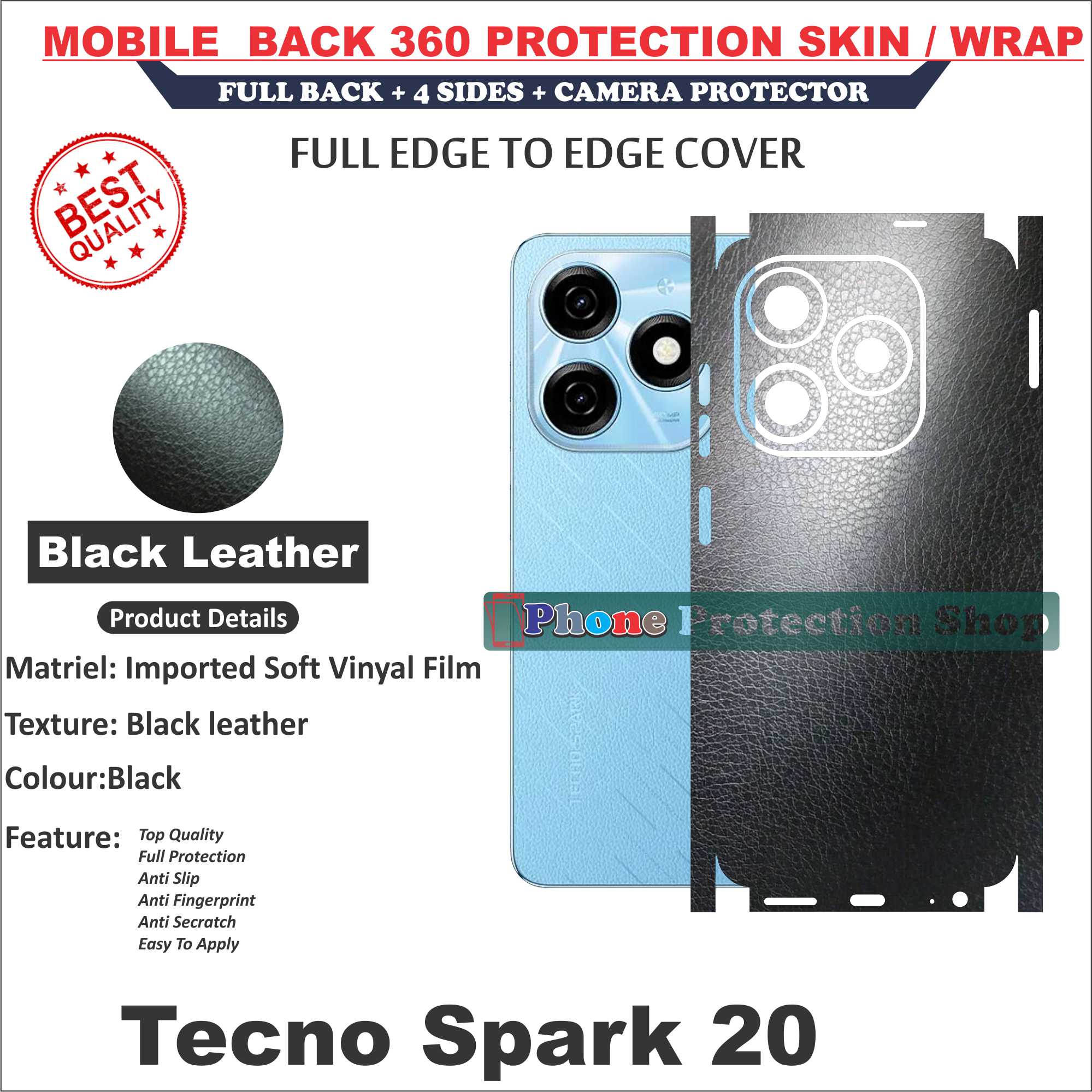 Tecno Spark 20 full Back 360 Protection skin wrap with sides and camera ...
