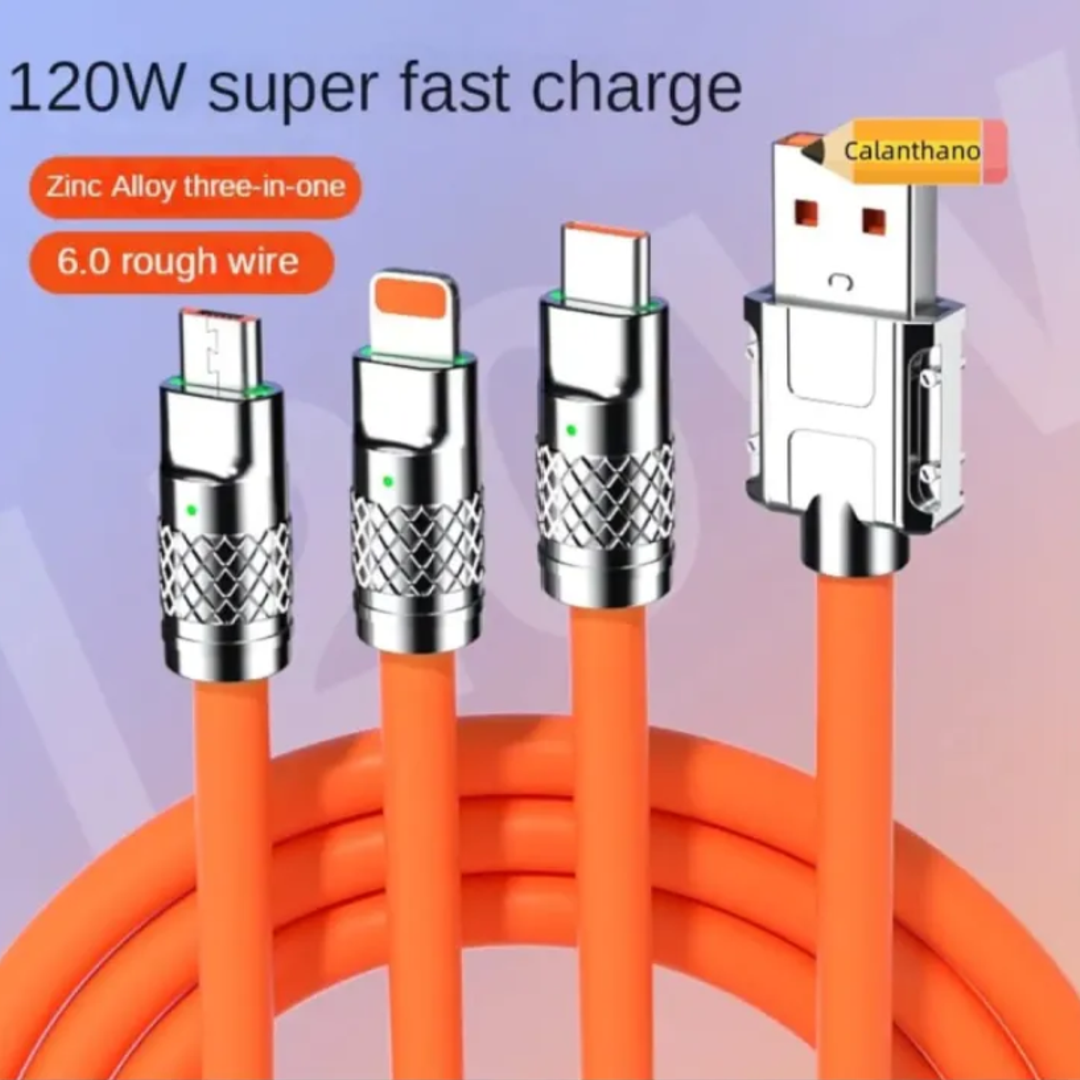 3 in 1 (120W) Type C Micro USB iOS Data Cable Fast Charging Liquid ...