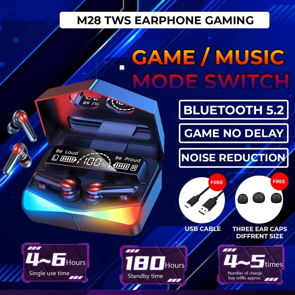 INNOVAT® M28 TWS Gaming Wireless Earbuds Type-c LED Display Stereo Low ...