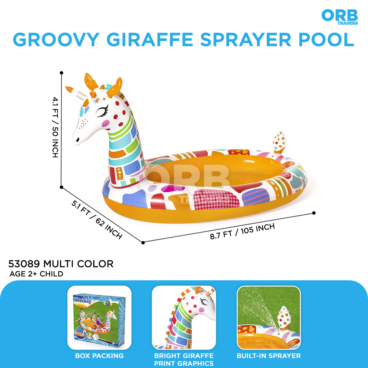 Bestway 53089 Groovy Giraffe Sprayer Pool Inflatable Swimming Pool For ...