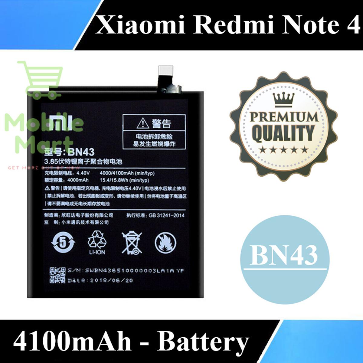 Xiaomi Redmi Note 4 BN43 Battery Replacement Premium Quality 4100mah ...
