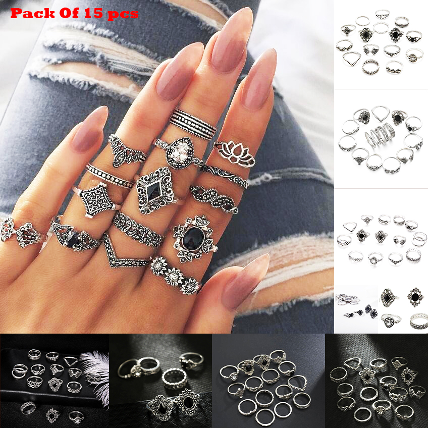 1 Set Rings Women Heart Rhinestone Stackable Finger Ring Jewelry Gift ...