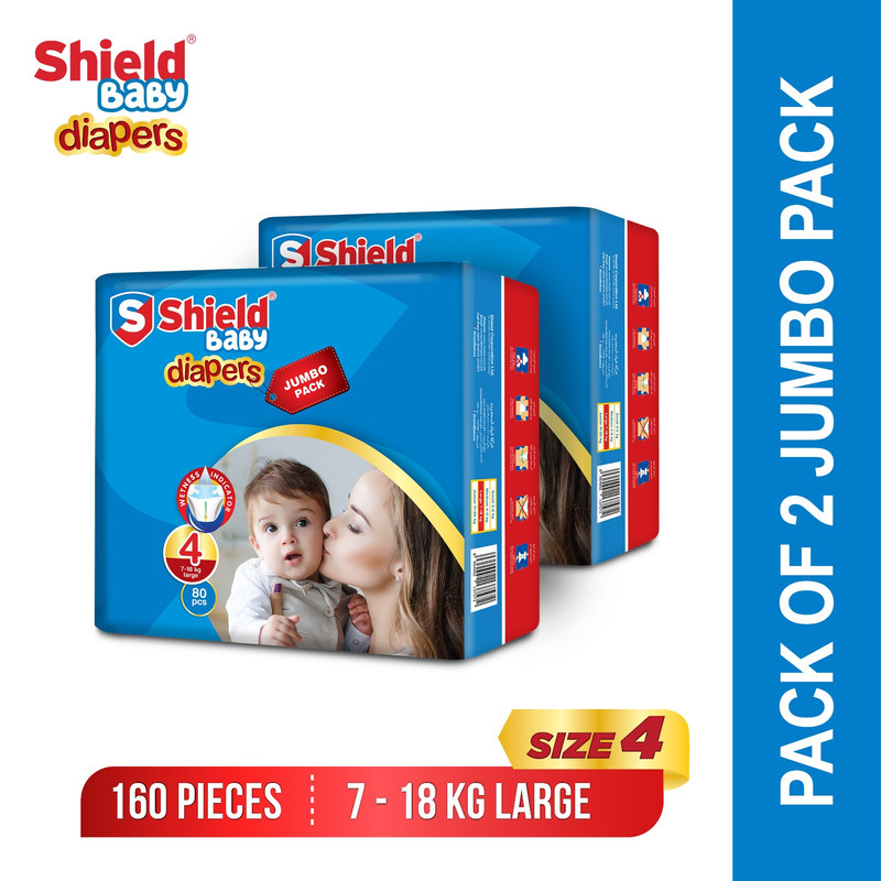Pack of 2 Shield Baby Diapers Jumbo Pack Size 4Large (7-18Kg, 160 Pcs ...